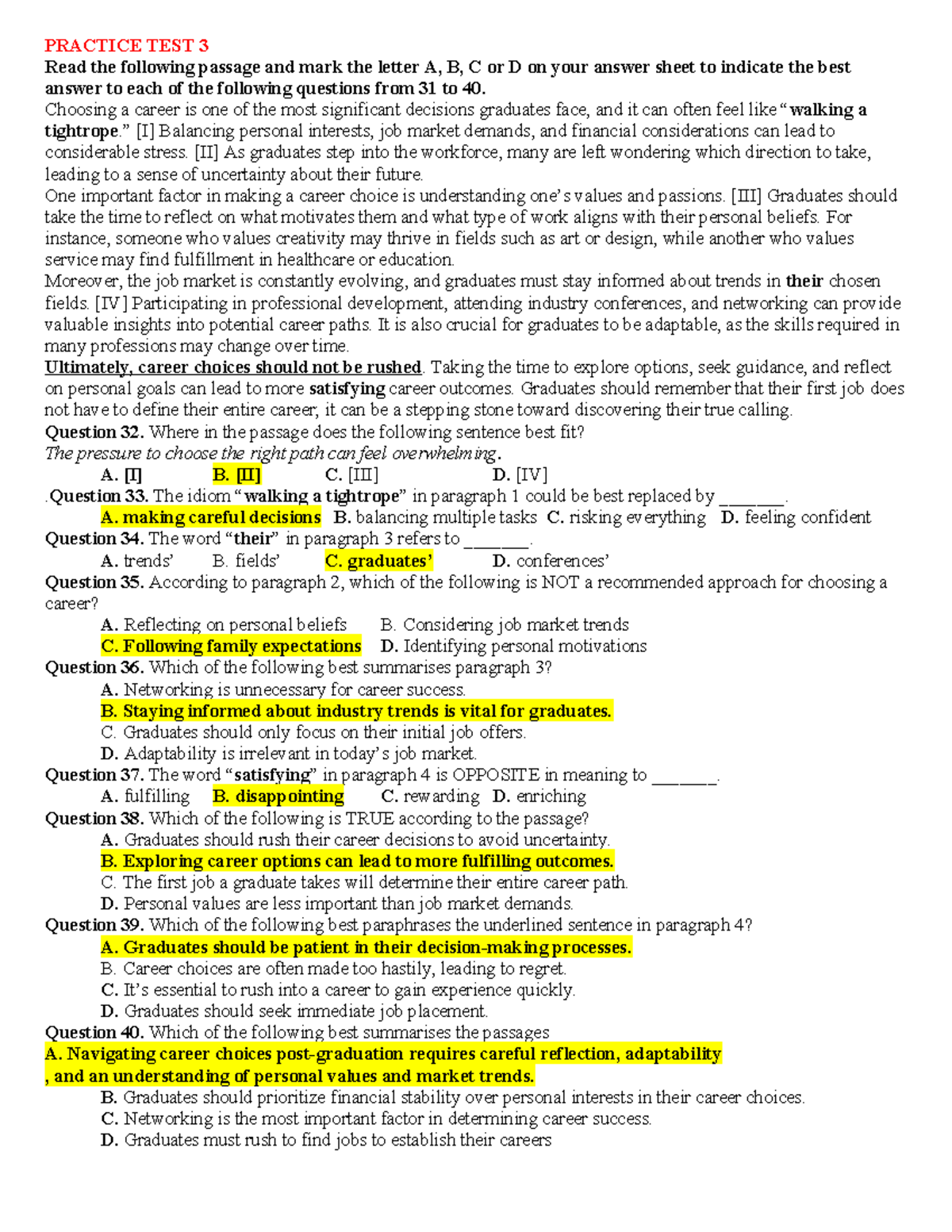 LỚP 12 - Practice Test 3: Career Choices and Decision-Making - Studocu