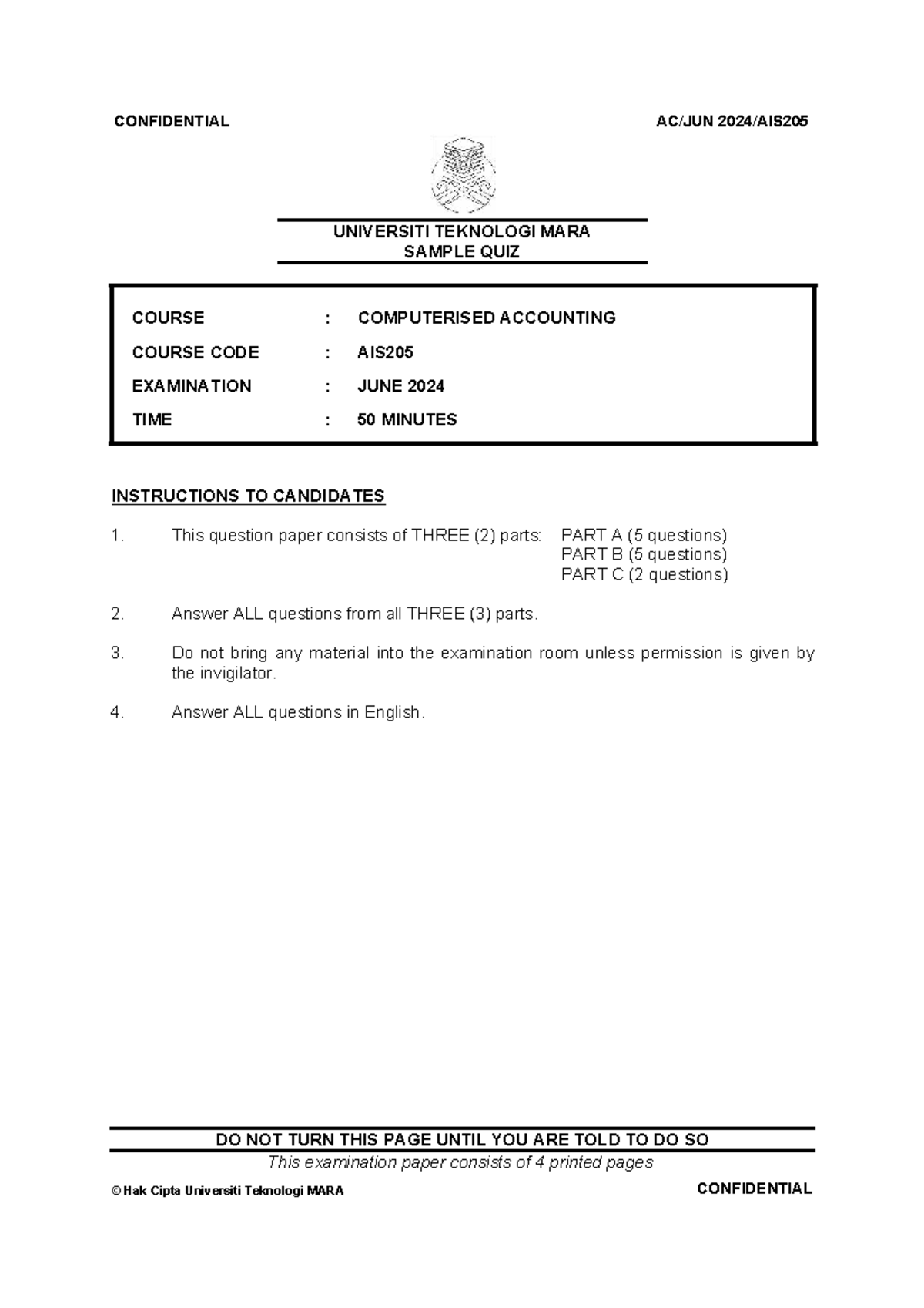 Sample Quiz AIS205: Computerized Accounting - June 2024 - Studocu