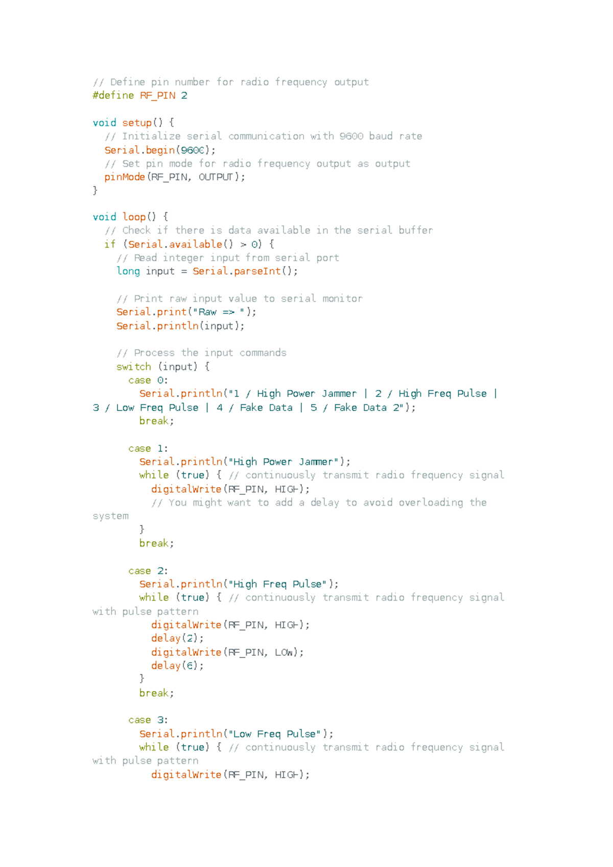 Arduino code sample 2 - // Define pin number for radio frequency output ...