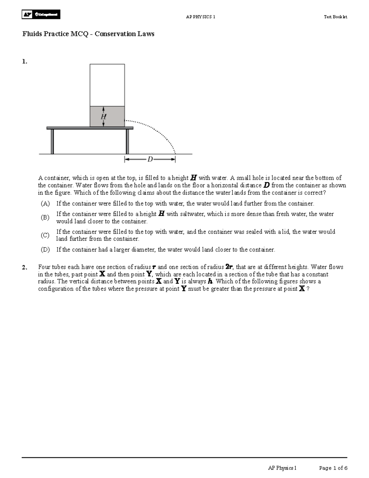 AP PHYSICS 1 Fluids Practice MCQ - Conservation Laws - Studocu
