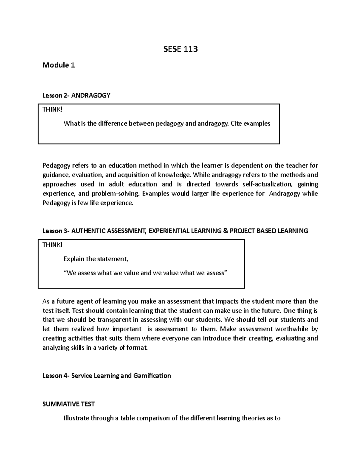 Lesson 2 Andragogy - SESE 113 Module 1 Lesson 2- ANDRAGOGY THINK! What ...