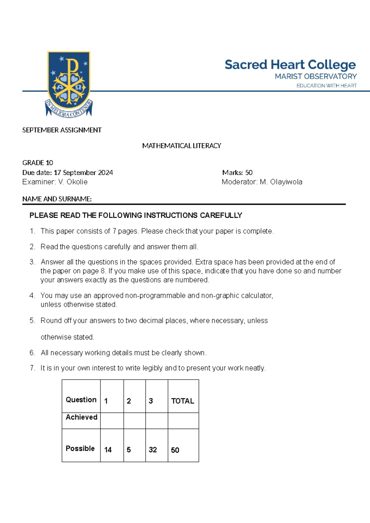 Grade 10 Mathematical Literacy September Assignment 1 - Studocu