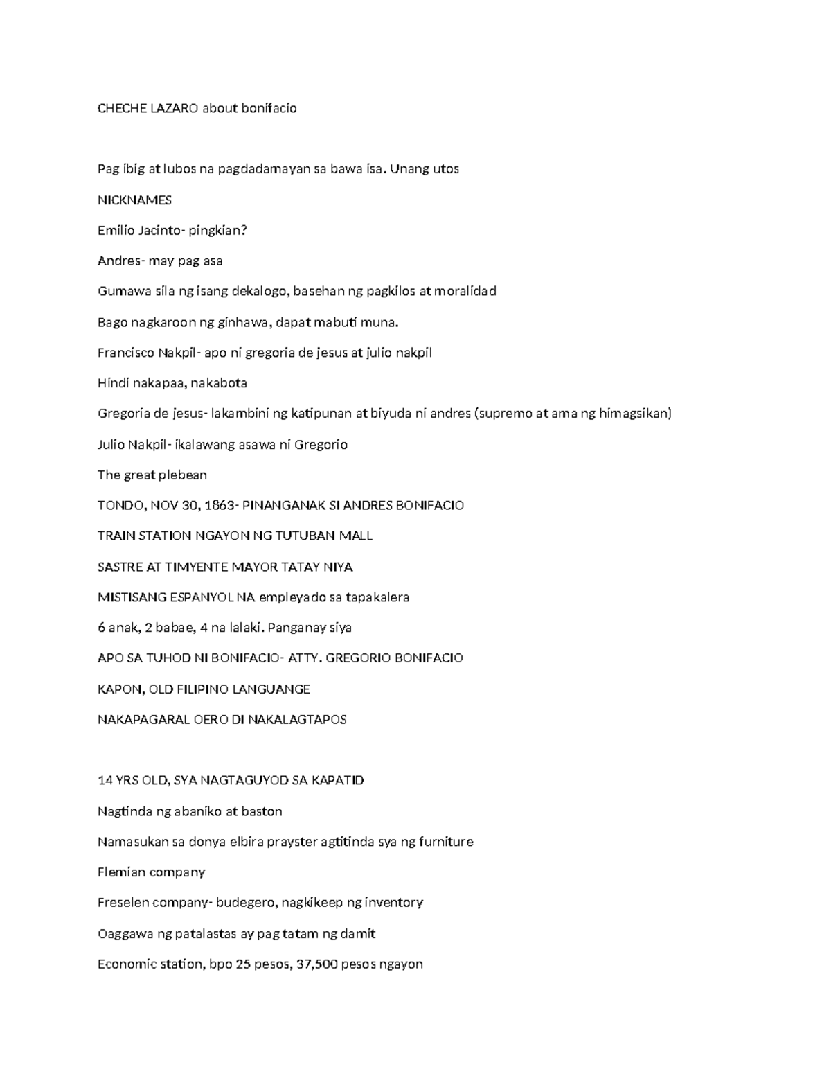 CHECHE LAZARO's Insights on Andres Bonifacio: A Detailed Study - Studocu