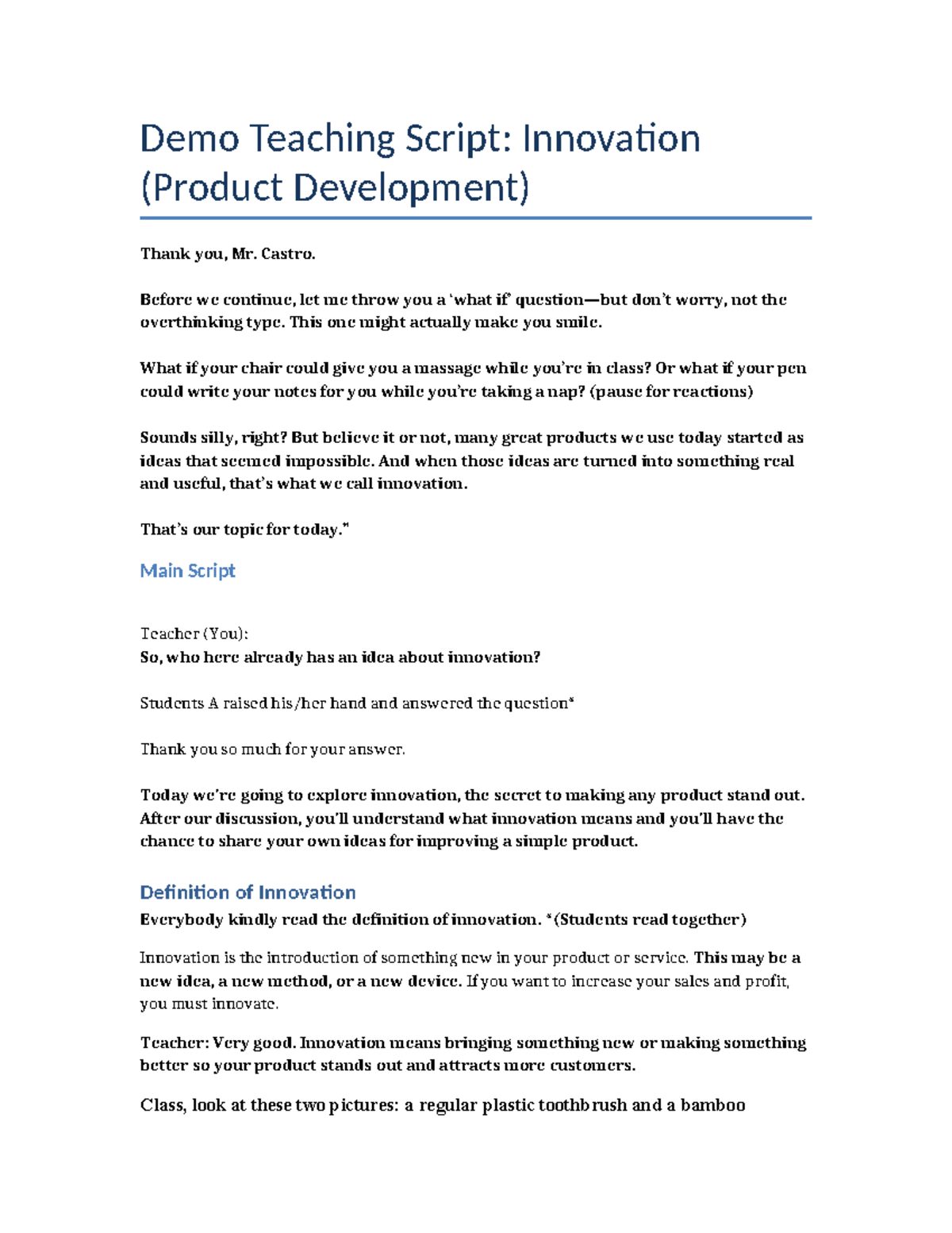 Final Lesson Plan: Innovation in Product Development - Studocu