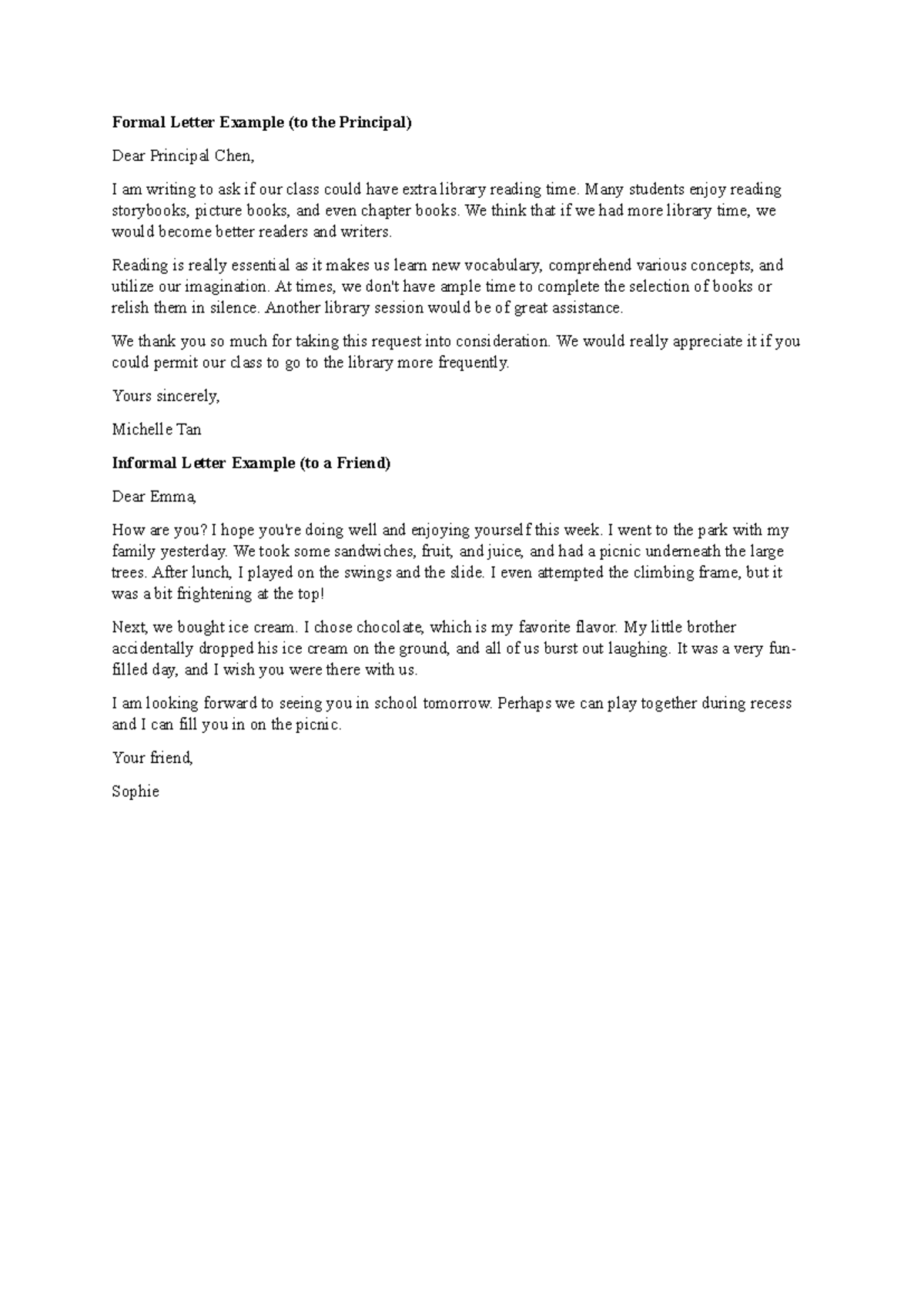 Letter Examples: Formal & Informal (to Principal & Friend) - Studocu