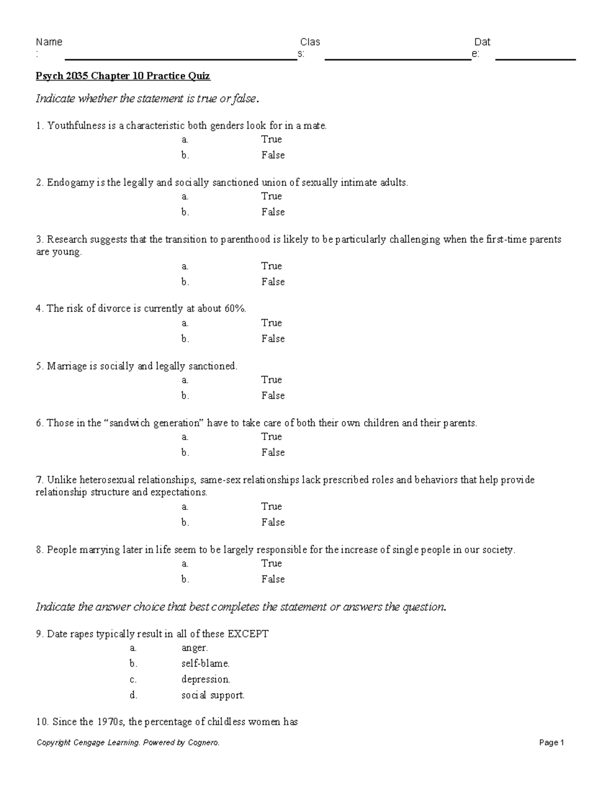 Psych 2035 Chapter 10 True/False & Multiple Choice Quiz - Studocu