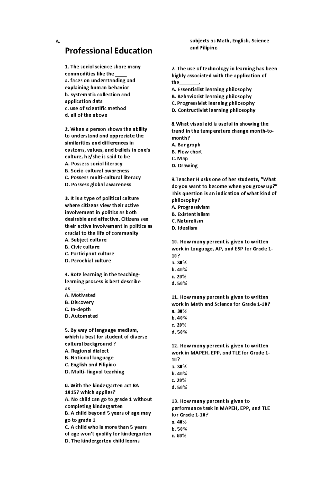 General Education Questionnaire: Professional Education and English ...