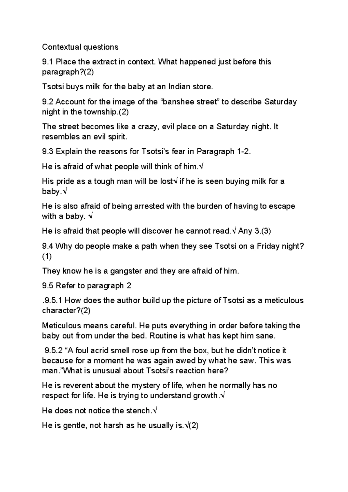 Tsotsi (ENG 101) Contextual Questions and Analysis - Chapter Breakdown - Studocu