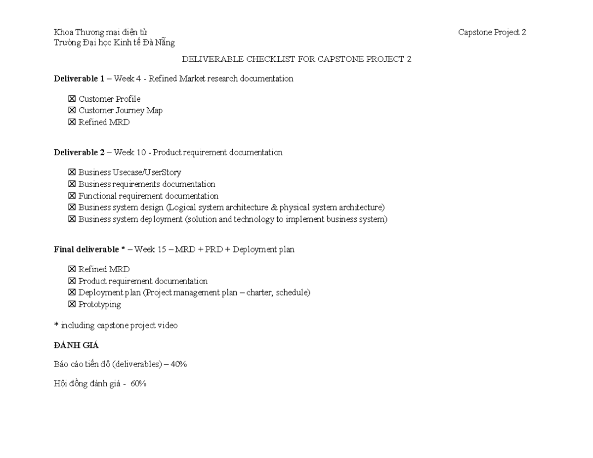 Capstone Project 2 Deliverables Checklist - Khoa TMĐT Evaluation - Studocu