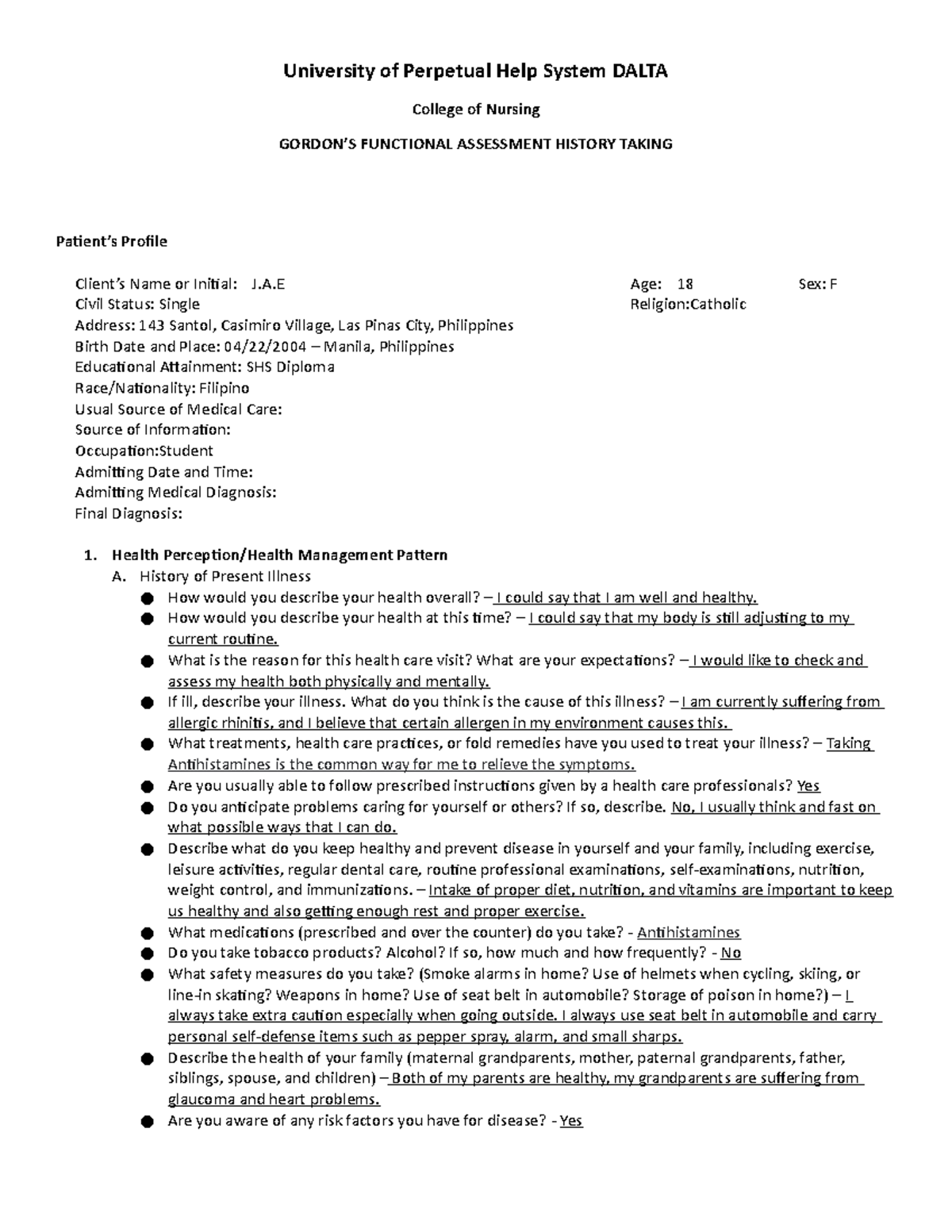 Gordon's Functional Assessment History Form - Patient Profile Insights ...