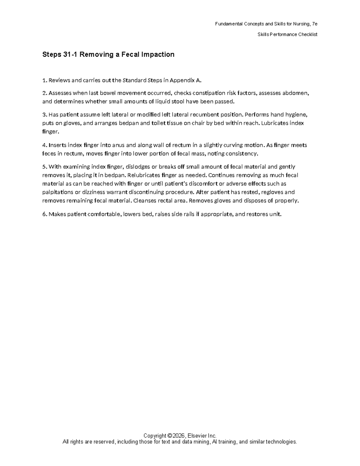 NUR 101: Skills Performance Checklist for Fecal Impaction Removal - Studocu