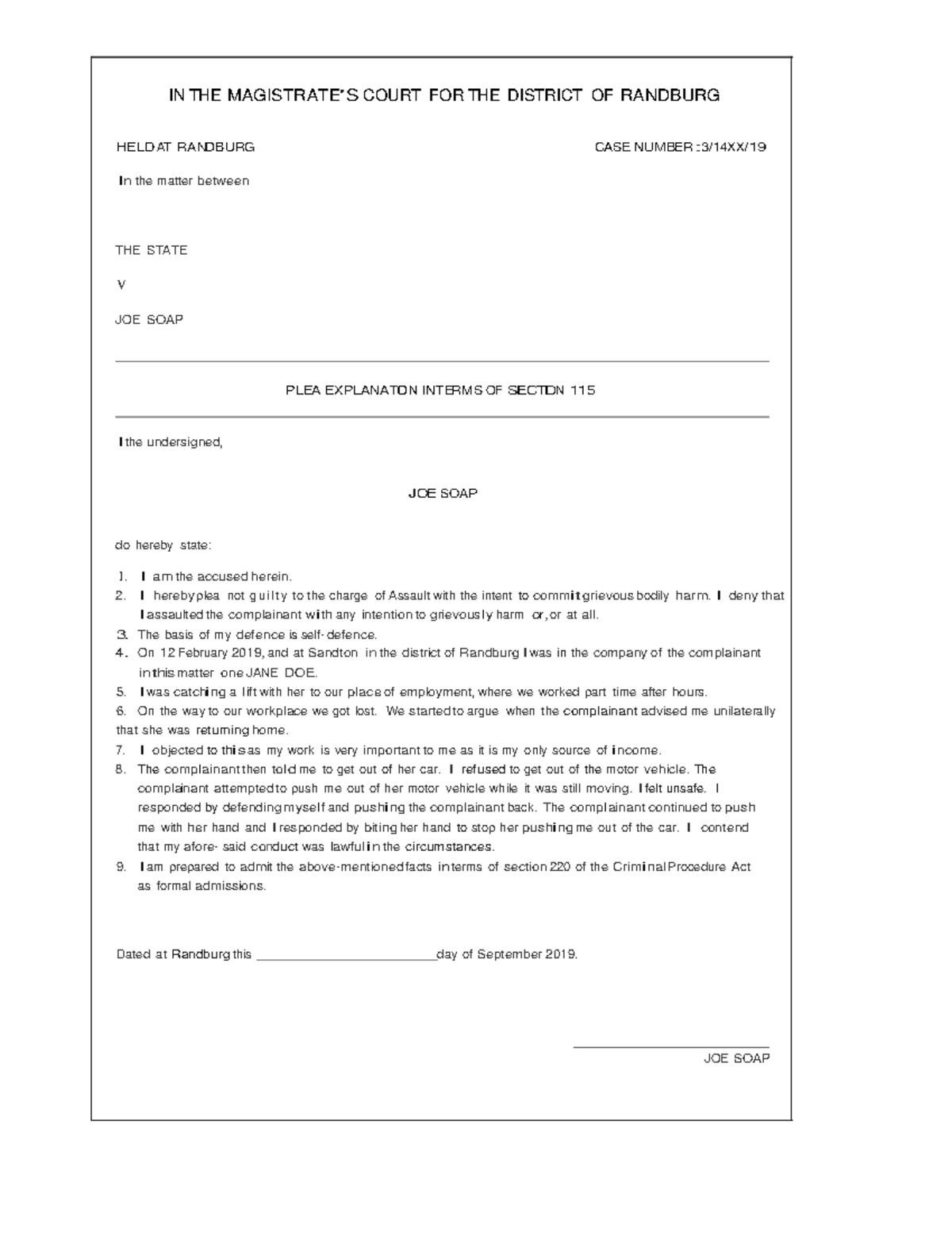 Plea Explanation: State v Joe Soap - Section 115 (Case No: 3/14XX/19 ...