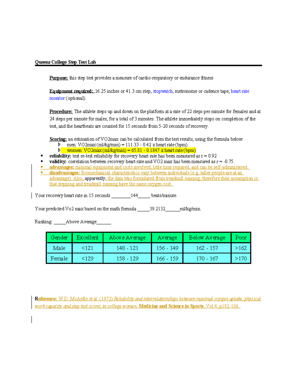 KES 350 Queens College Step Test - Queens College Step Test Lab Purpose ...
