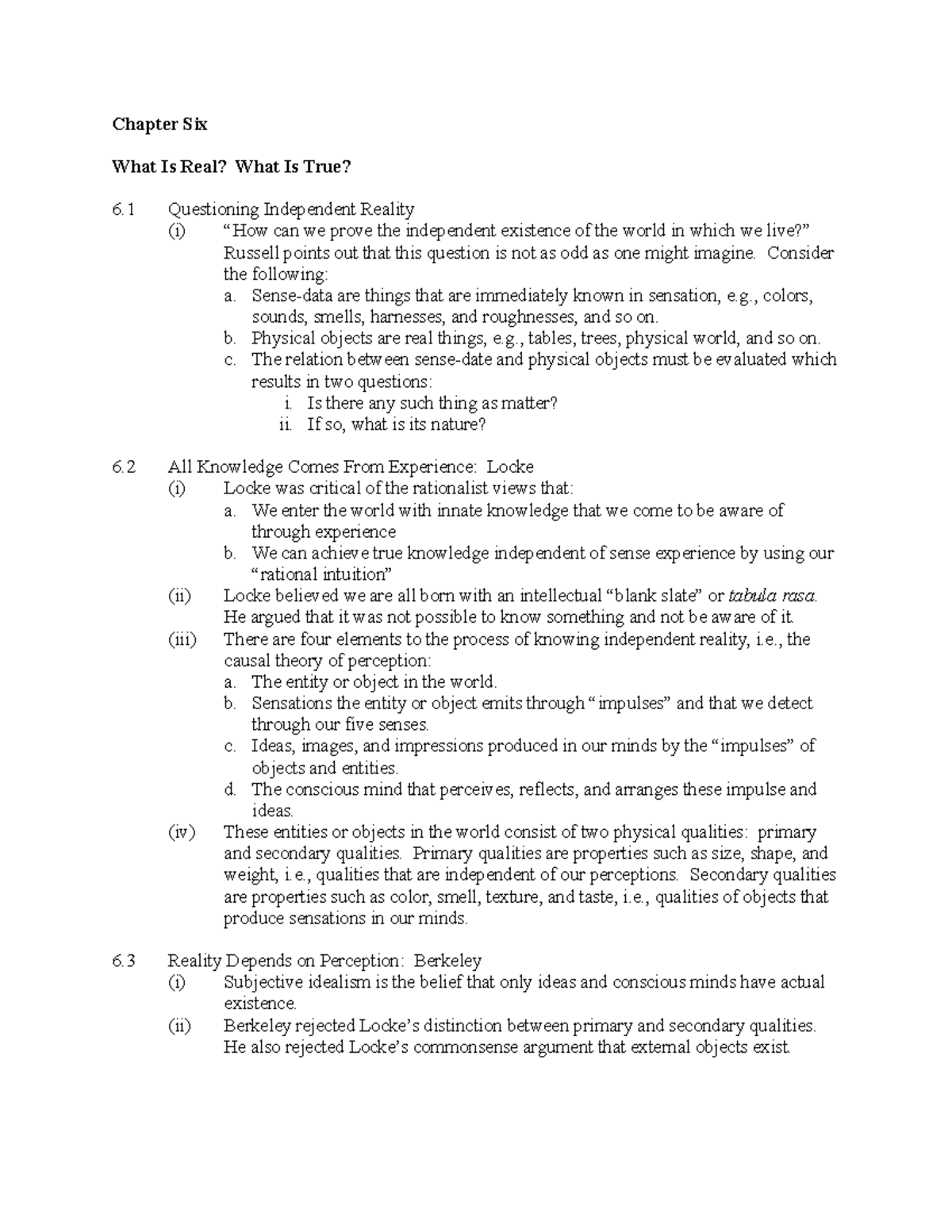 PHIL 101 Chapter 6 Outline and Key Terms - Chapter Six What Is Real ...