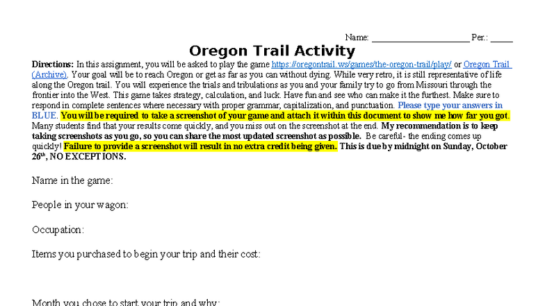 Oregon Trail Activity Directions: Student Worksheet 2025-1 - Studocu