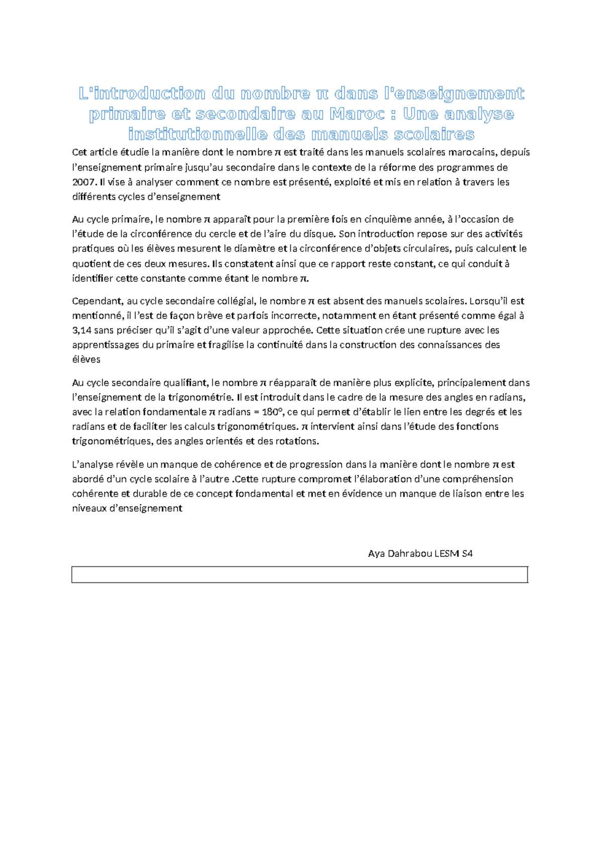 Analyse institutionnelle du nombre π dans les manuels scolaires au ...