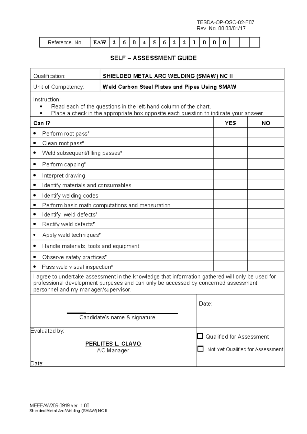 SAG Self Assessment Guide for SMAW NC II Qualification - Studocu