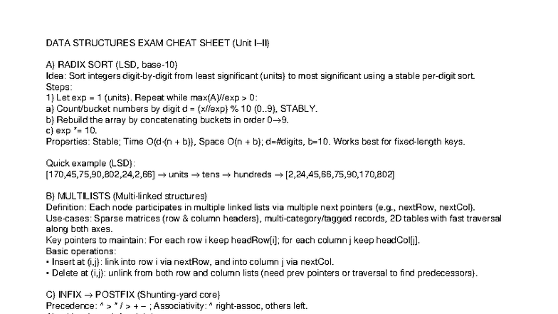 DATA STRUCTURES EXAM CHEAT SHEET (DS Unit I II) - Studocu