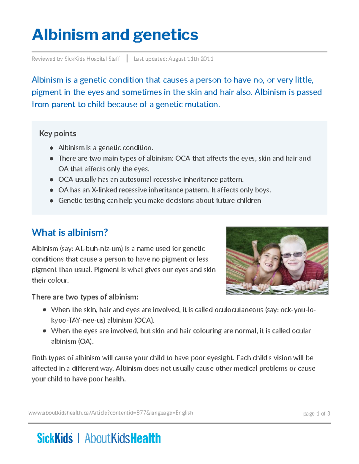 Albinism and genetics - EJERCICIOS - aboutkidshealth/Article?contentid=877&language=English page ...