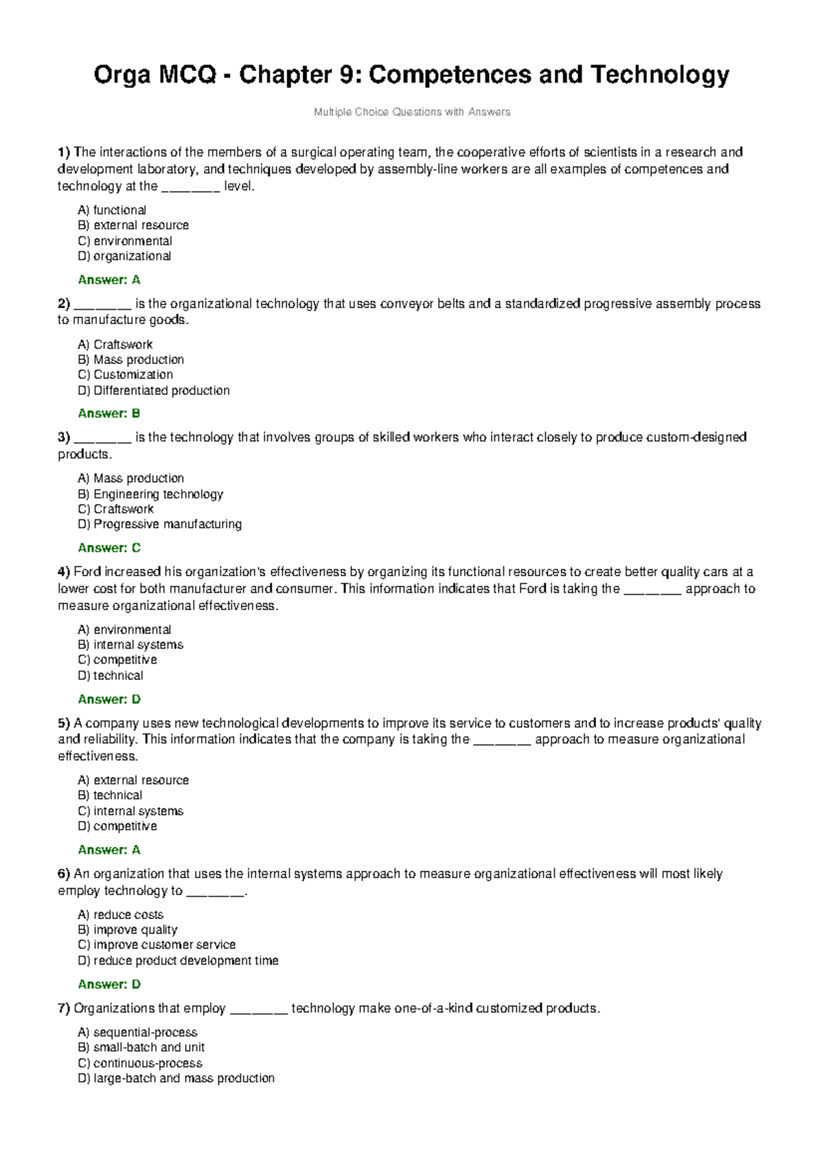 Orga MCQ Ch9: Competences & Technology Multiple Choice Questions - Studocu