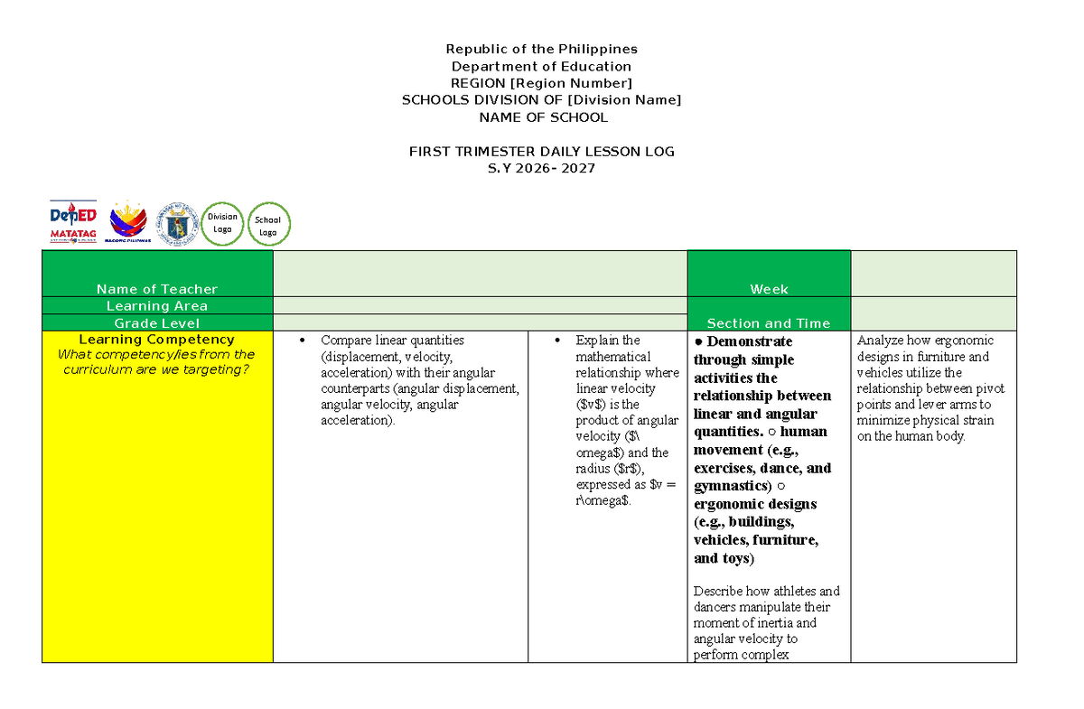 S.Y. 2027 First Trimester Daily Lesson Log: Linear vs. Angular ...