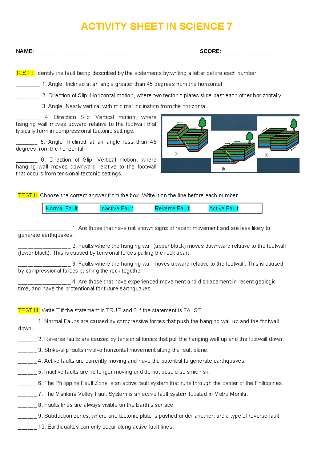 Activity Sheet: Fault Types in Science 7 - Earthquake Dynamics - Studocu