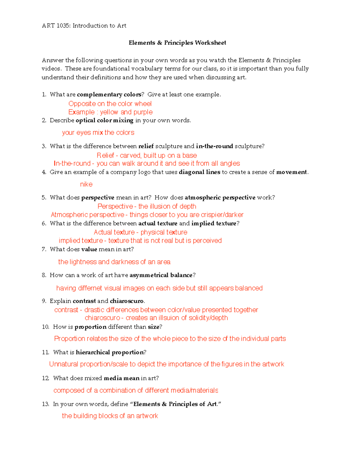 Elements and principles of art worksheet - ART 1035: Introduction to ...