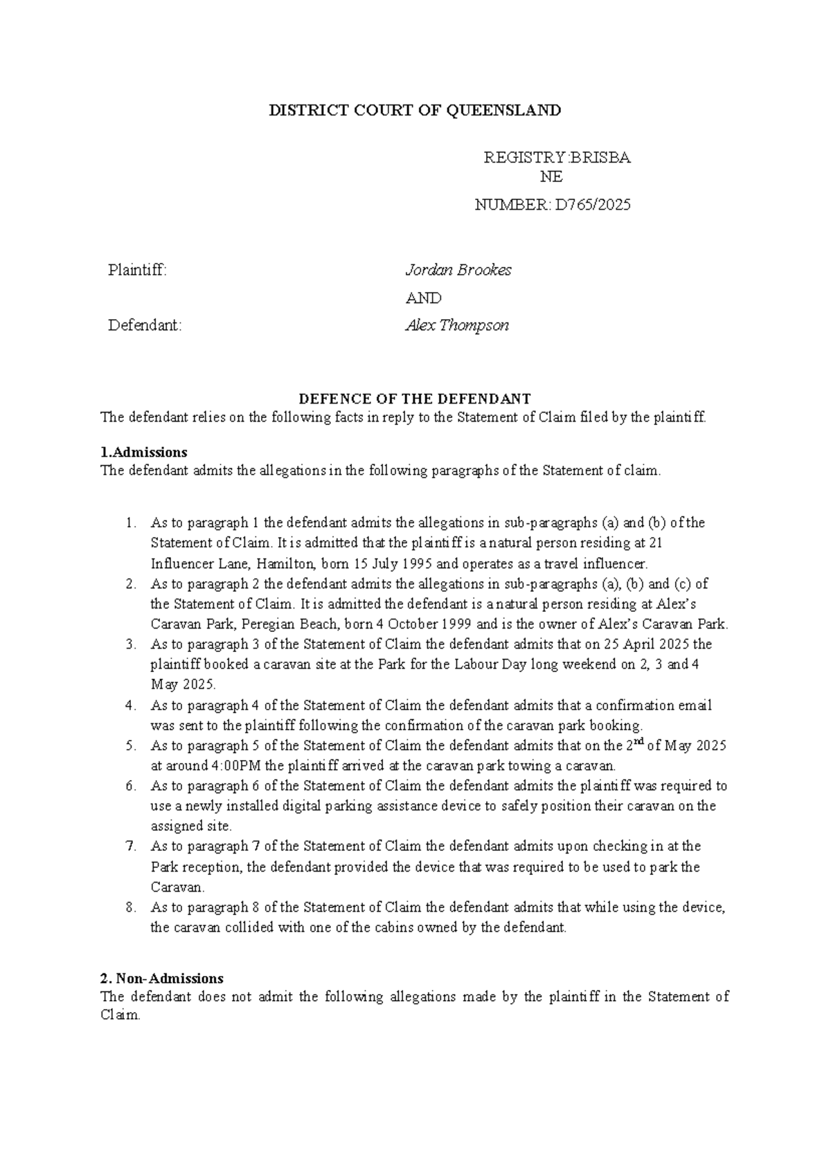 Defendant's Defence & Counterclaim in CDR Case: Brookes v. Thompson ...