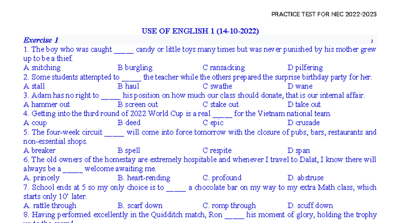 PRACTICE TEST FOR NEC USE OF ENGLISH 1 - Lexico 2022 - Studocu