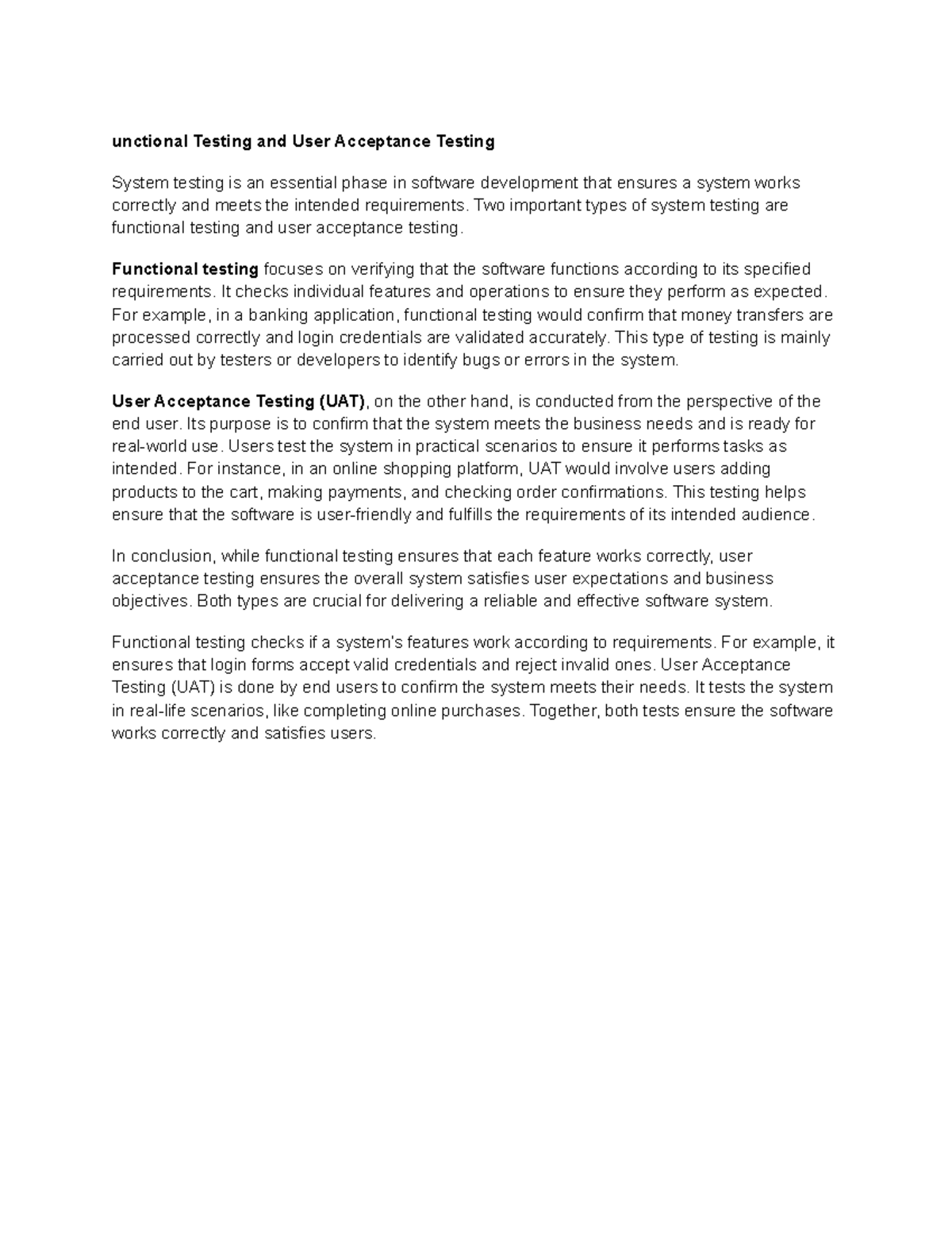 Functional Testing and User Acceptance Testing Overview - Studocu