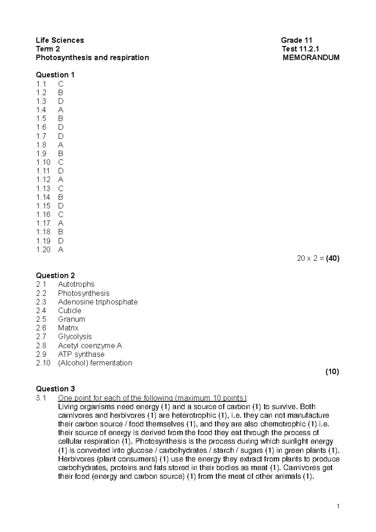 Grade 11 Life Sciences Term 2: Photosynthesis & Respiration Test Memo ...