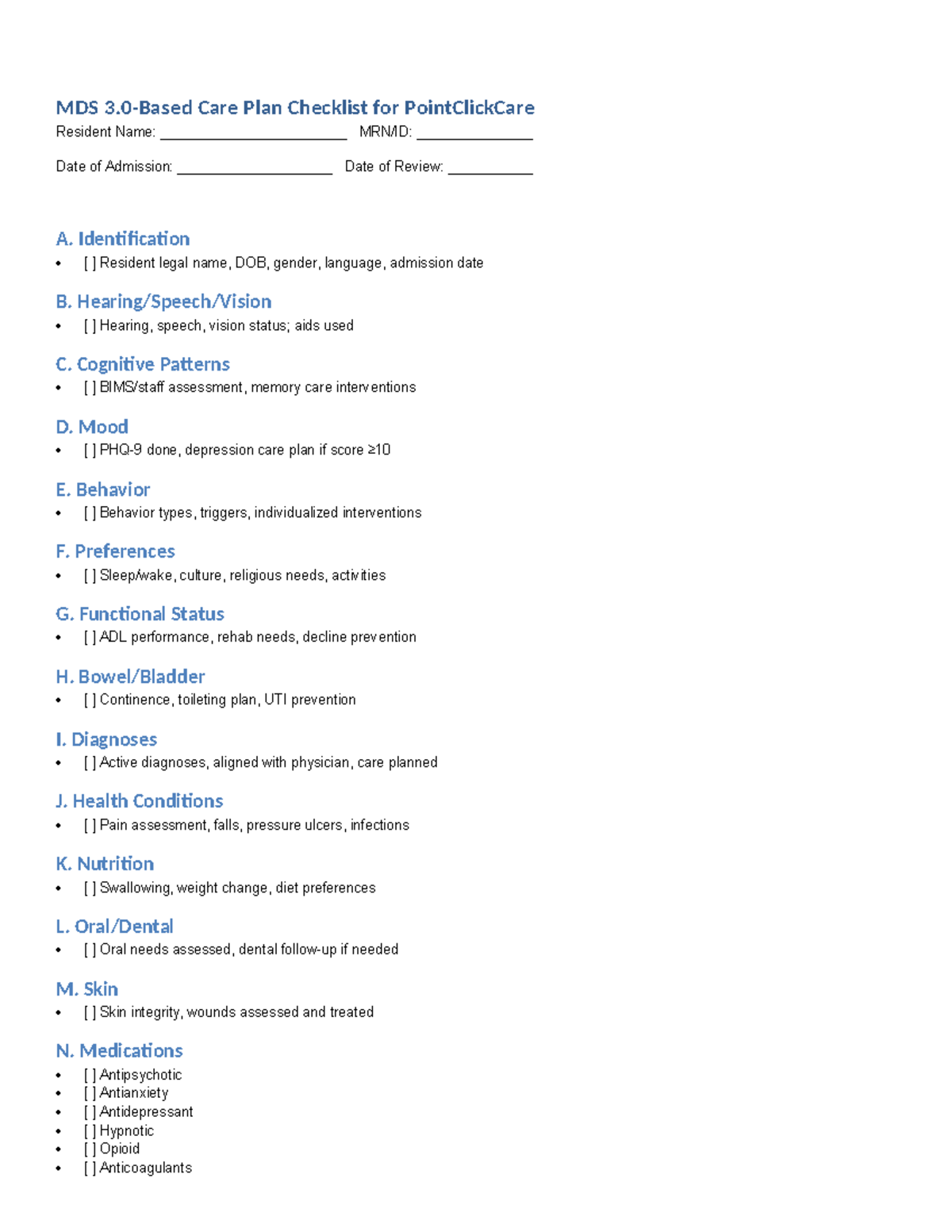 MDS3 Care Plan Checklist for PointClickCare: Two Page Guide - Studocu