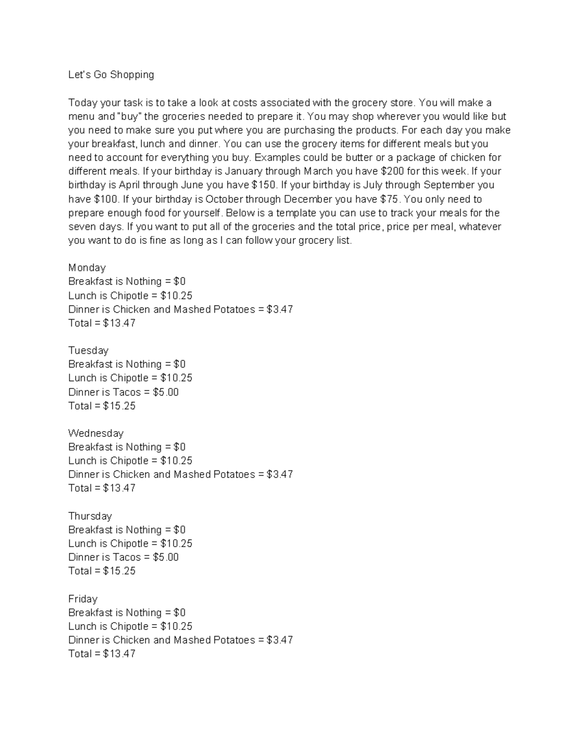 Grocery Shopping Assignment: Meal Planning & Costs Analysis - Studocu