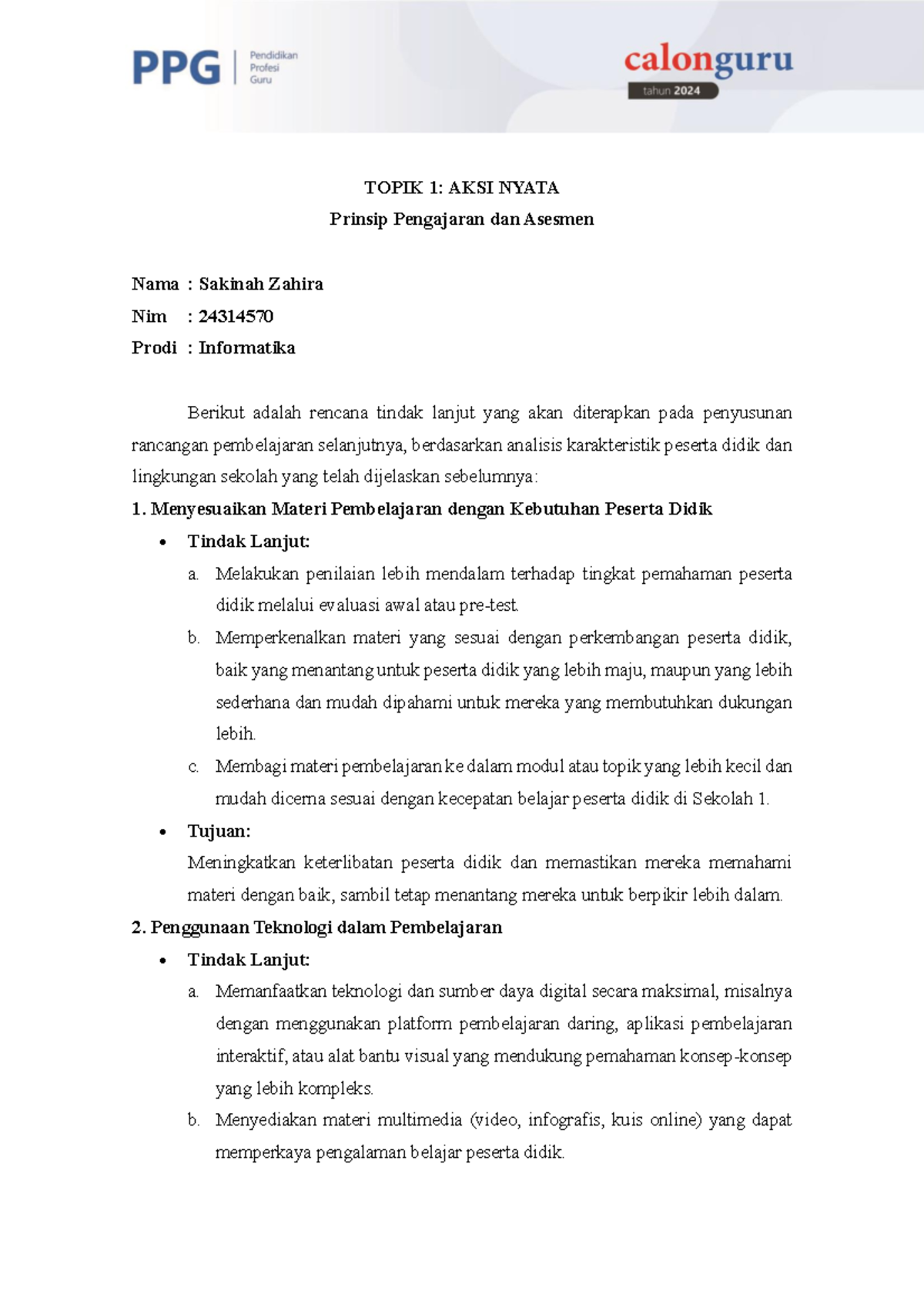 T1-7 Rencana Tindak Lanjut Pembelajaran - PPA (Sakinah Zahira) - Studocu