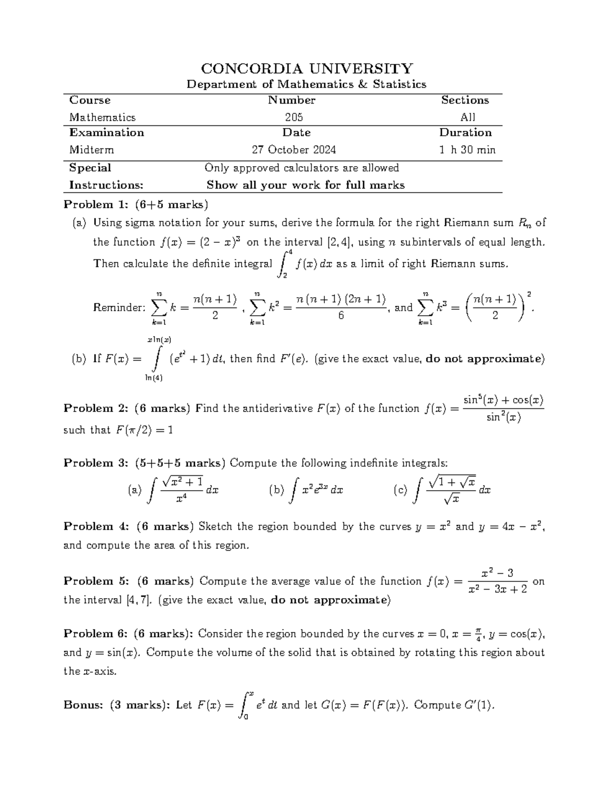 Math205 Midterm Fall 24 - CONCORDIA UNIVERSITY Department of ...