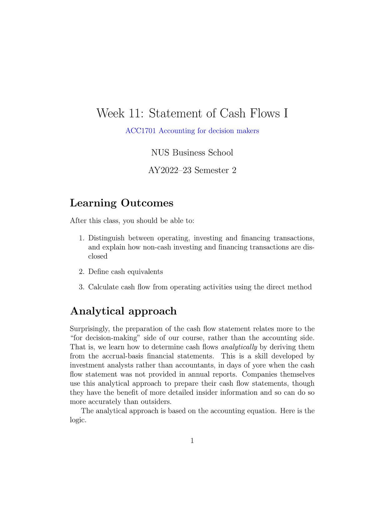 Week 11 handout Worked - Week 11: Statement of Cash Flows I ACC1701 ...