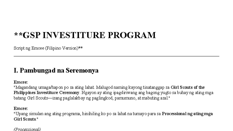 GSP- Investiture Ceremony Emcee Script for Filipino I - Studocu