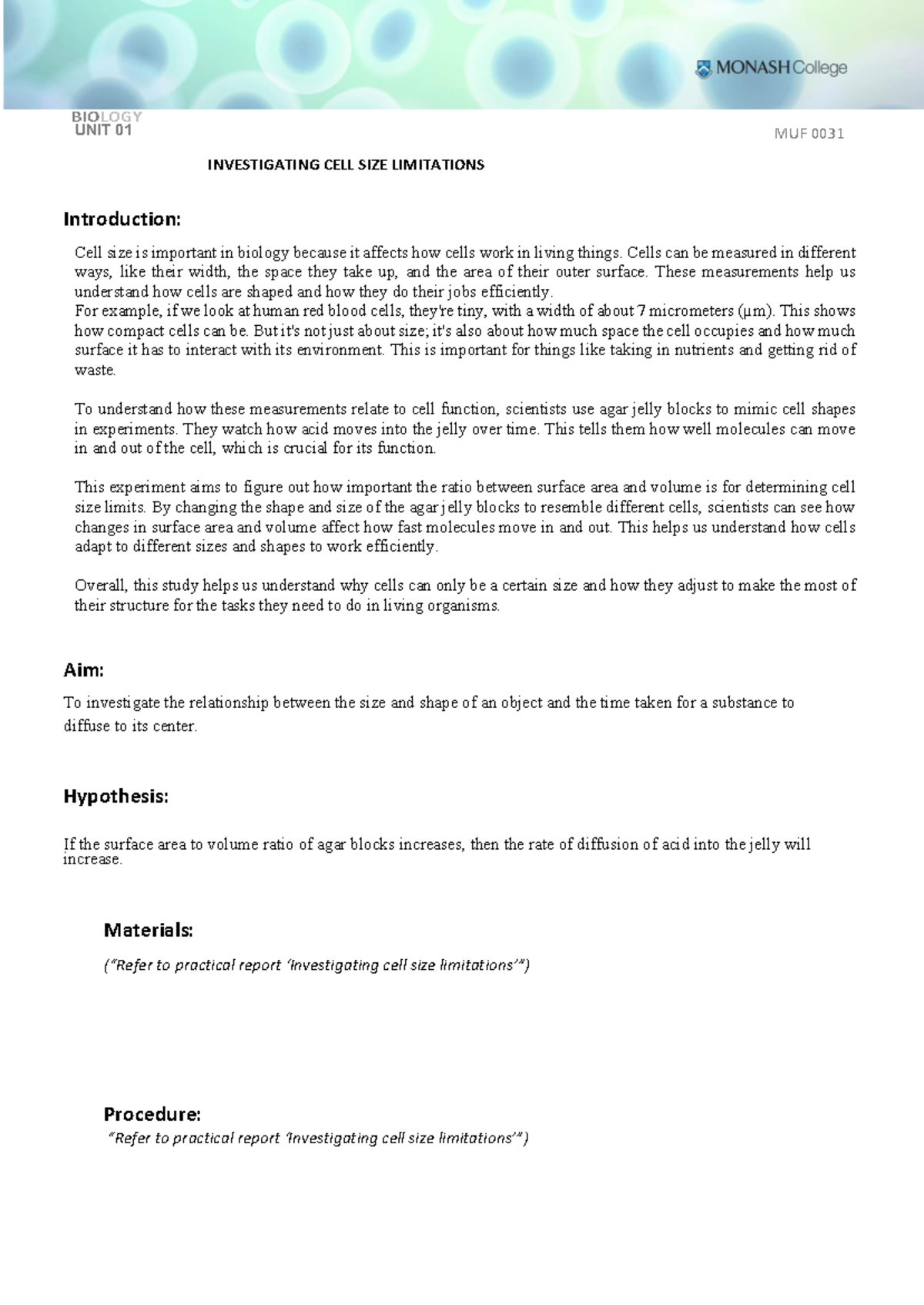 BIOLOGY UNIT 01 MUF 0031 FINAL REPORT ON CELL SIZE LIMITATIONS - Studocu