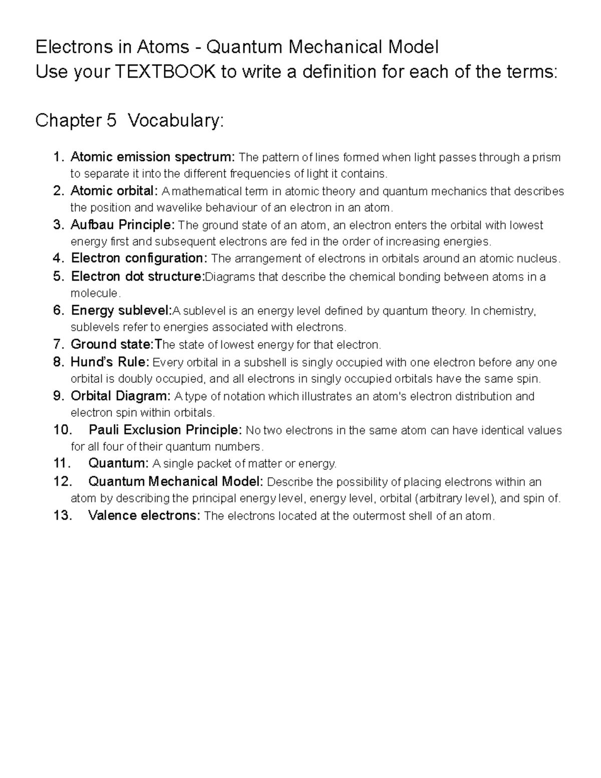Vocabulary for Chapter 5: Electrons in Atoms - Quantum Model - Studocu