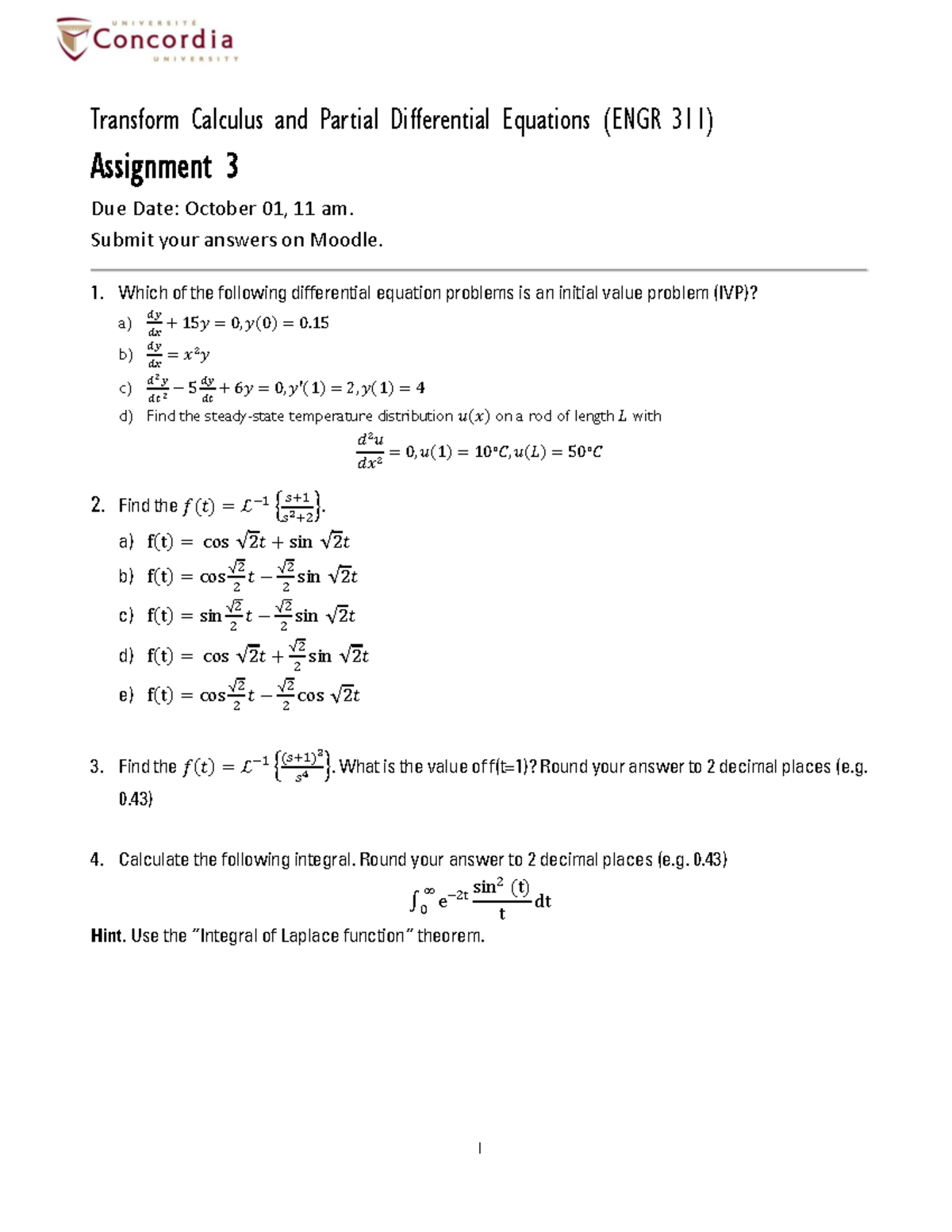 ENGR 311: Assignment 3 on Calculus & PDEs - Due Oct 01, 11 AM - Studocu