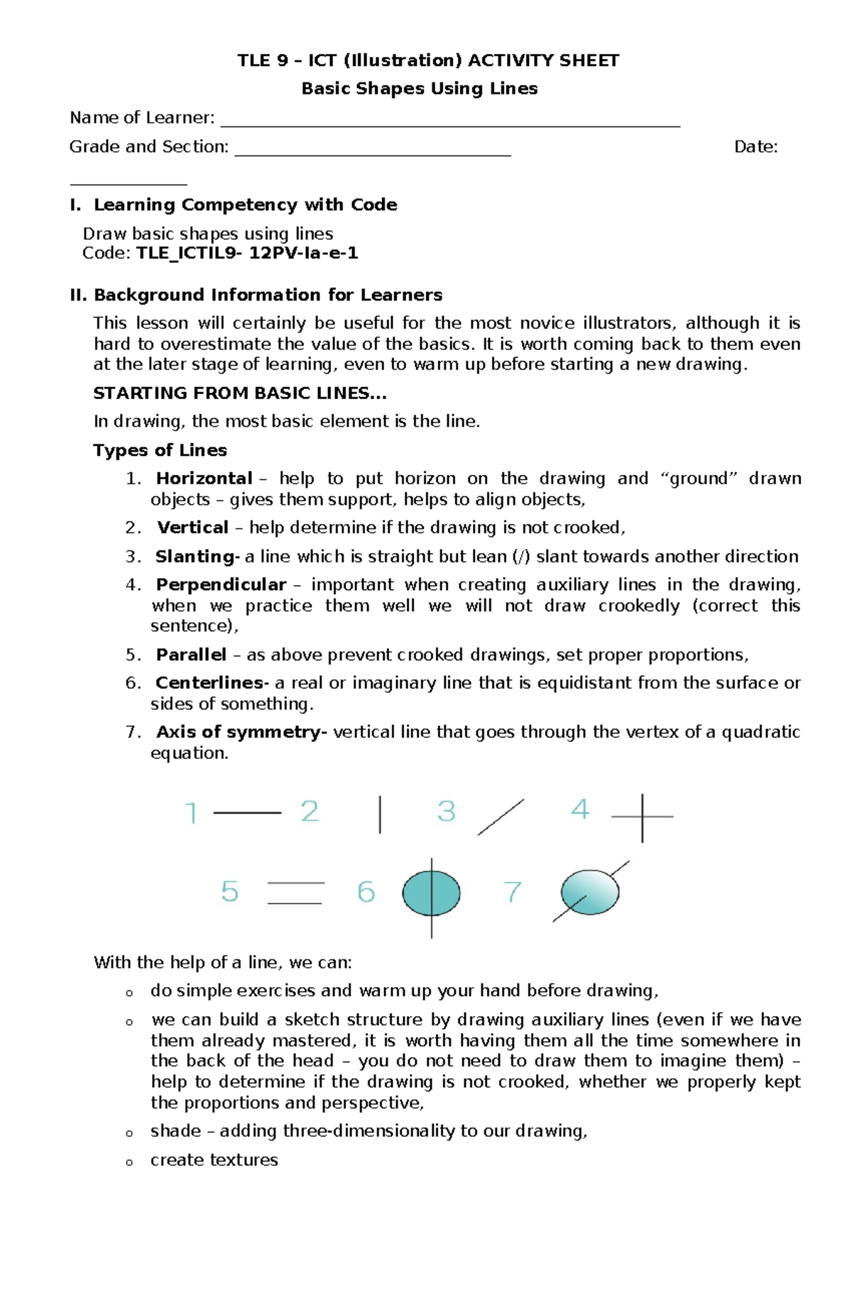 Basic Shapes and Lines in ICT TLE 9 Activity Sheet - Studocu