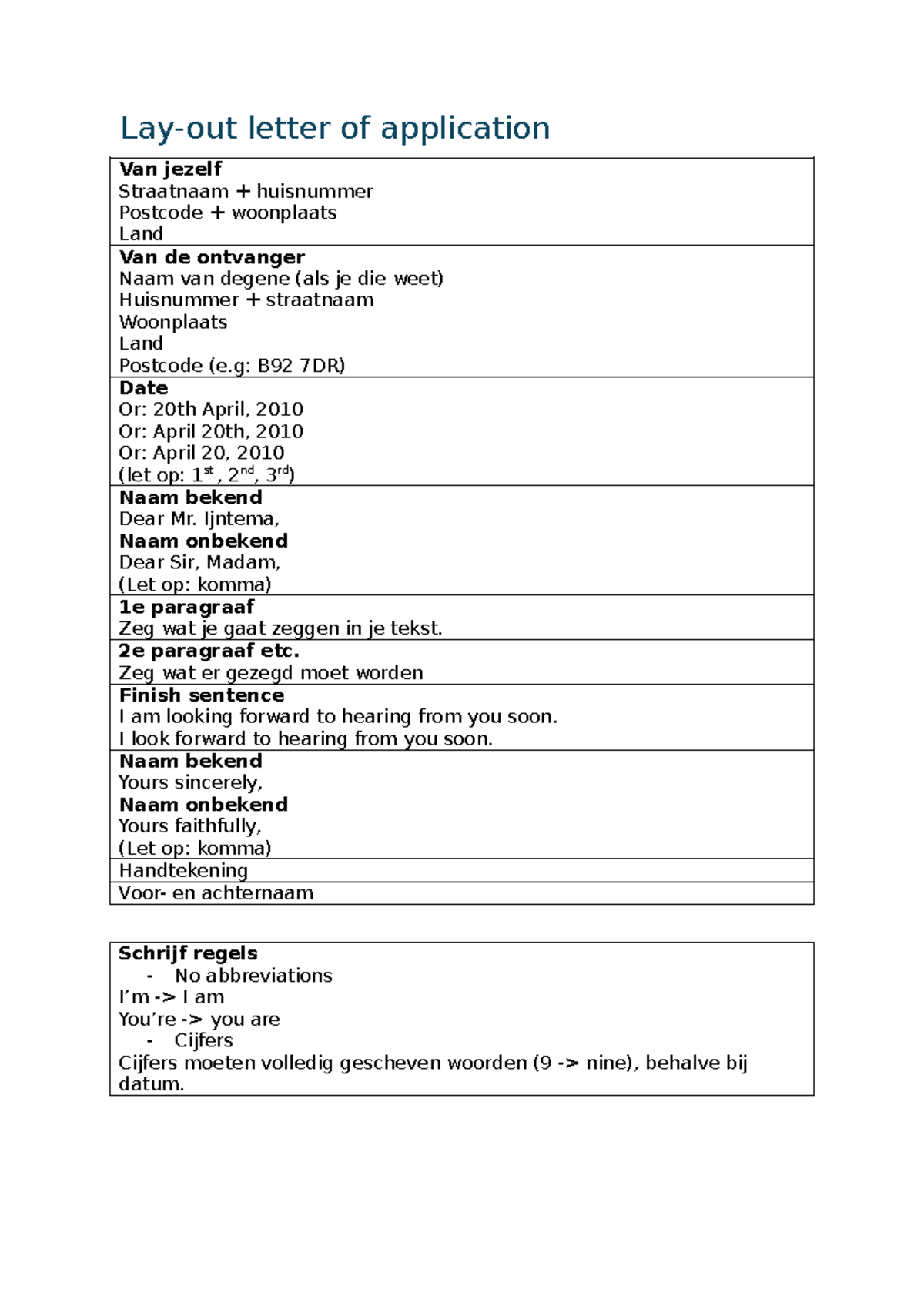Layout for Letter of Application - Studeersnel