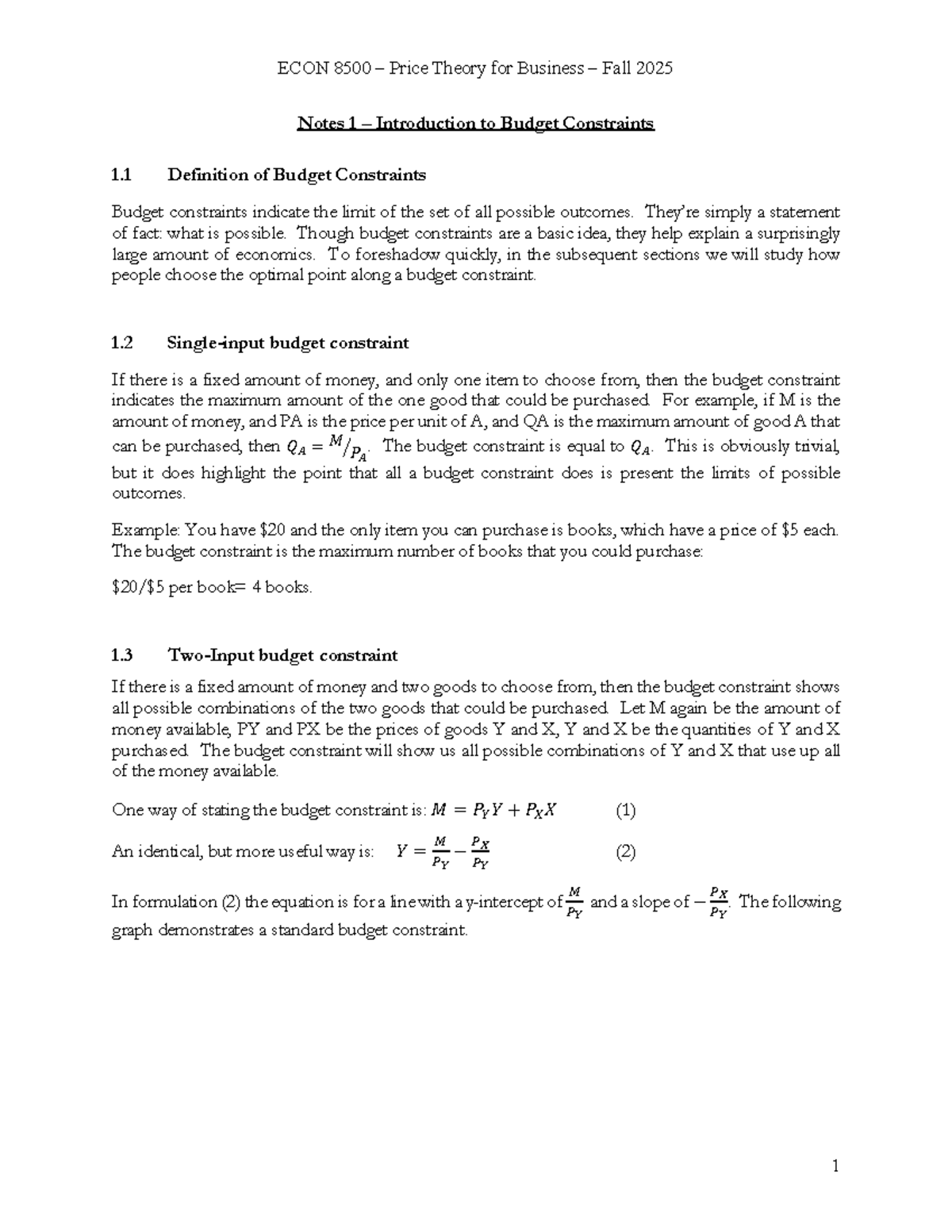 ECON 8500 Price Theory for Business: Budget Constraints Analysis Notes ...