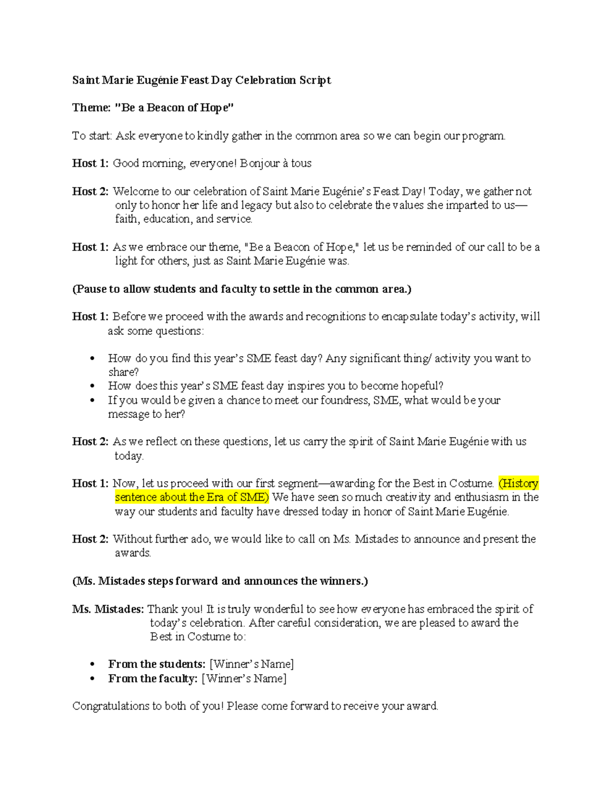 SME Feast Day Celebration Script: A Beacon of Hope and Unity - Studocu