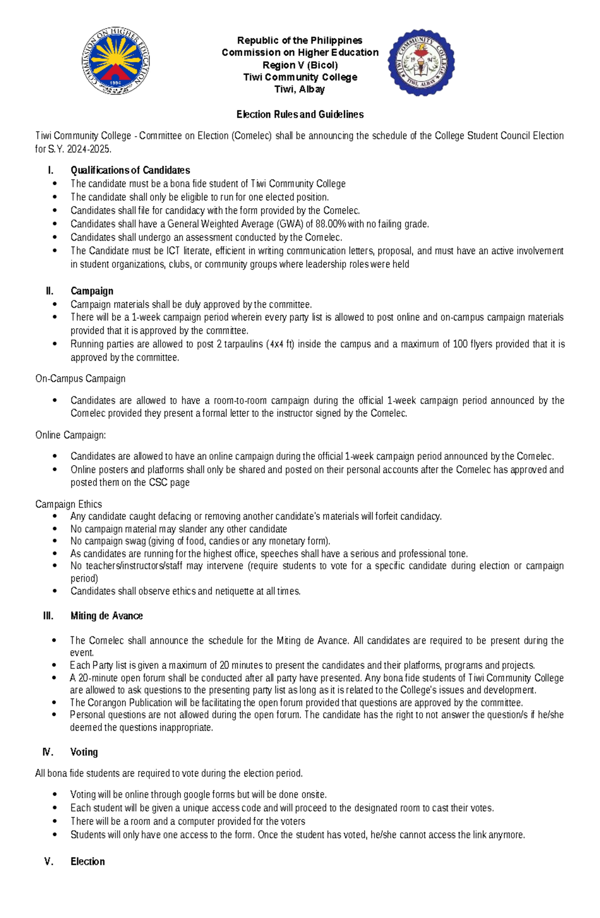 Election Rules and Guidelines for Tiwi Community College S.Y. 2024-2025 ...