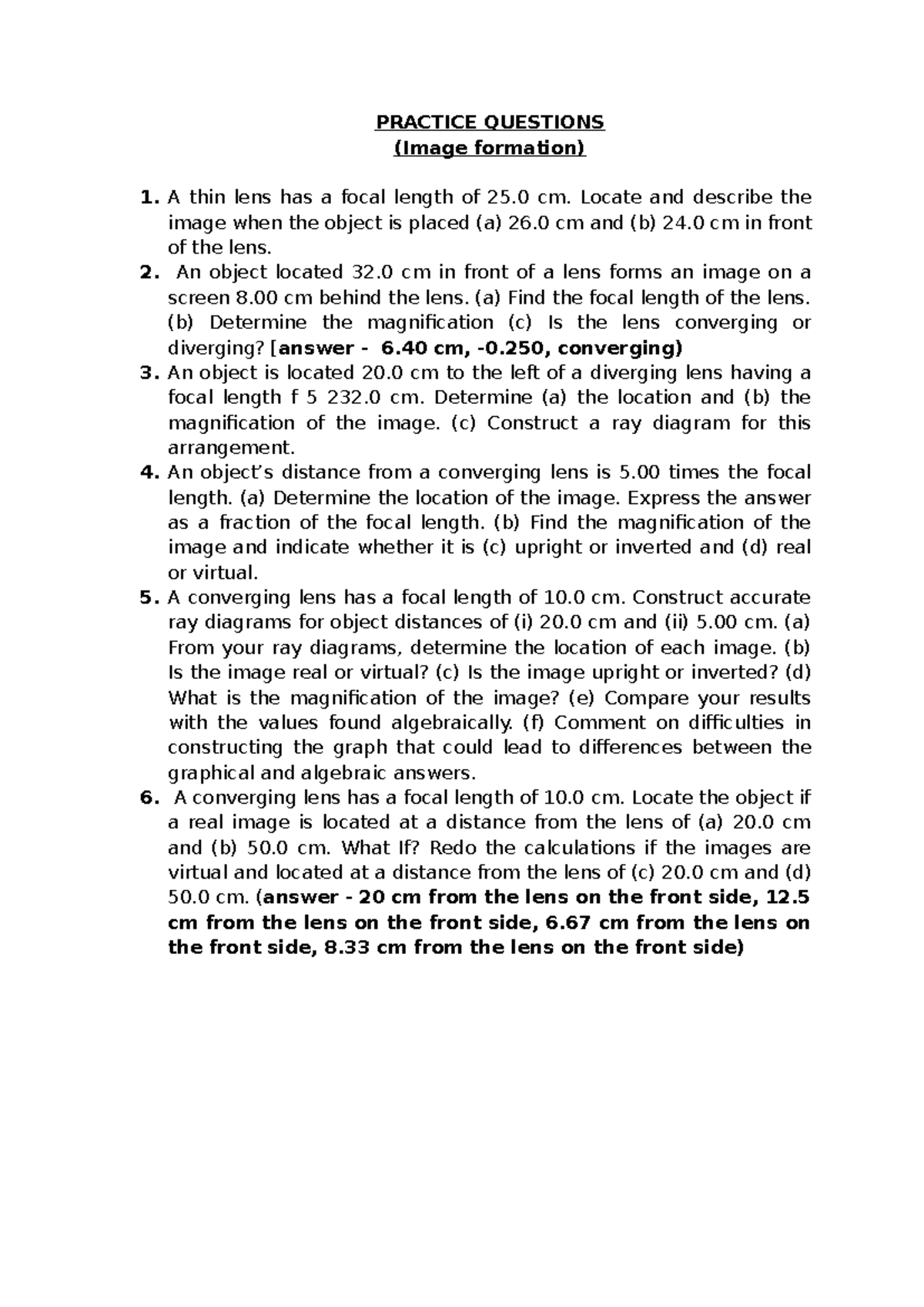 Practice Questions for Image Formation (Physics 101) - Studocu