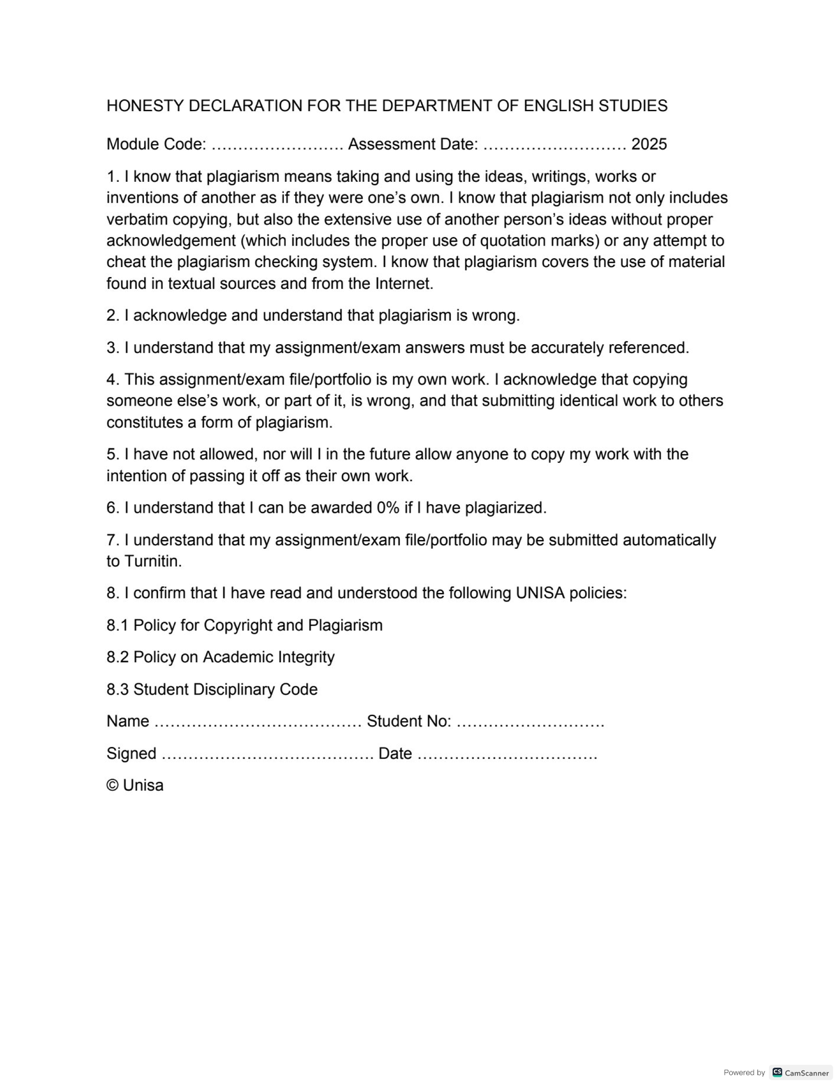 Honesty Declaration for English Studies (ENG101) - Plagiarism Awareness ...