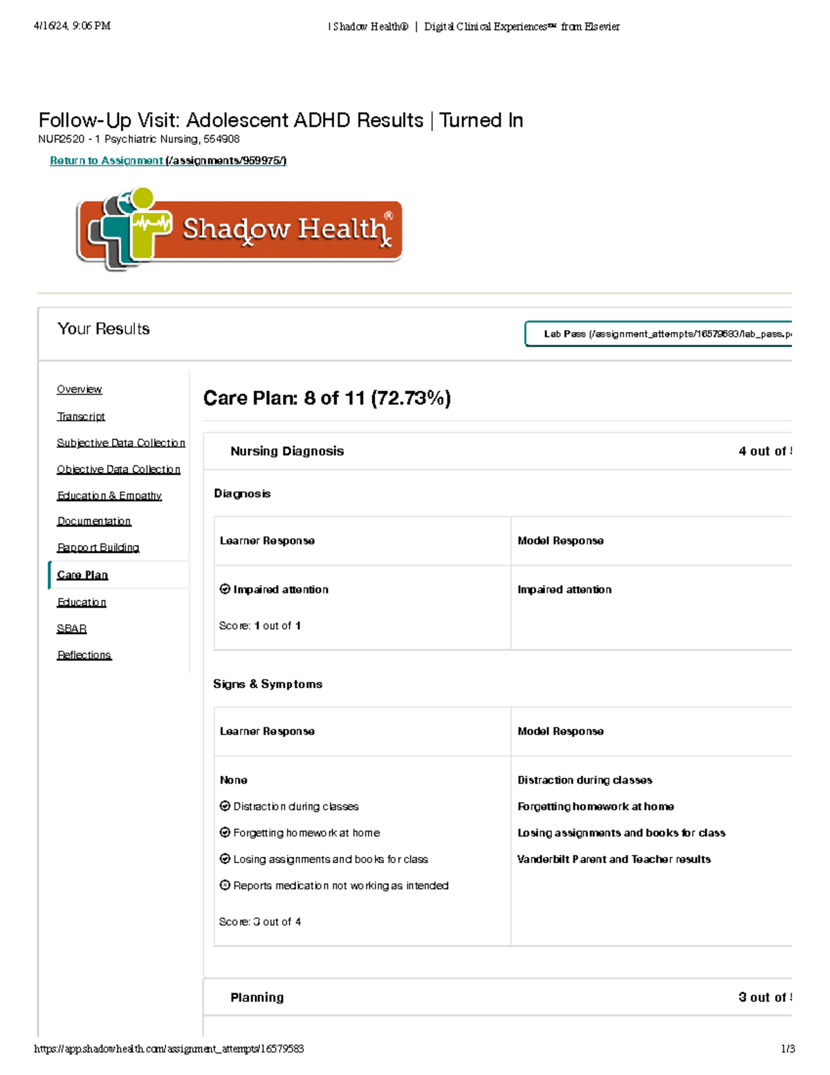 NUR2520 - Care Plan for Adolescent ADHD Patient Follow-Up Visit - Studocu