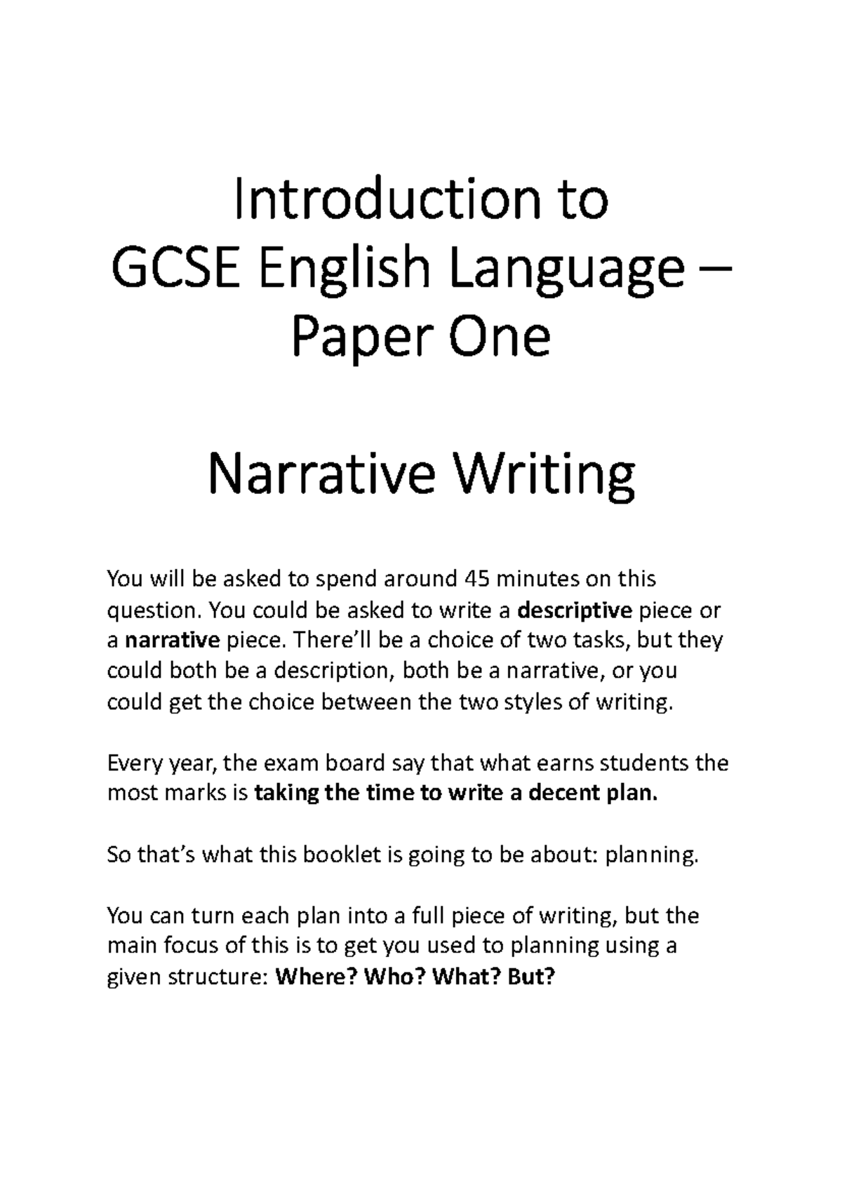 GCSE English Language - Narrative Writing Planning Booklet - Studocu