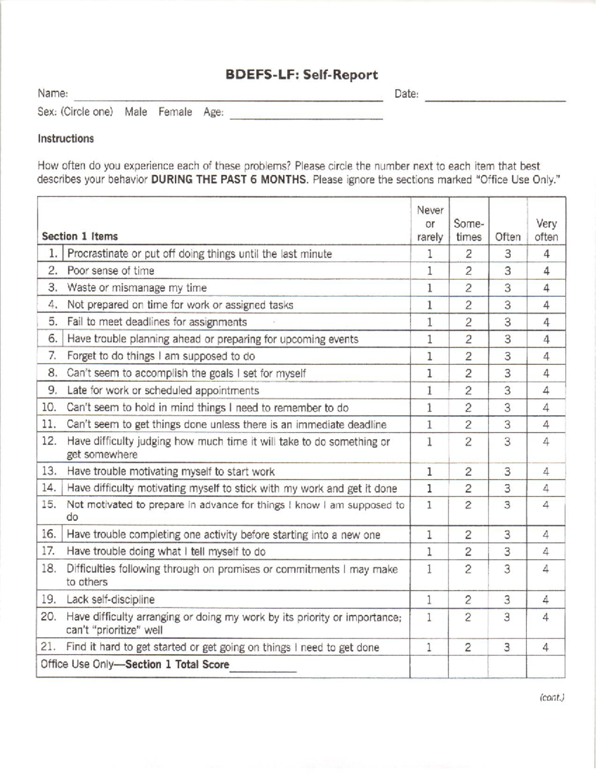BDEF-LA-SELF: Self-Assessment Questionnaire on Time Management and ...